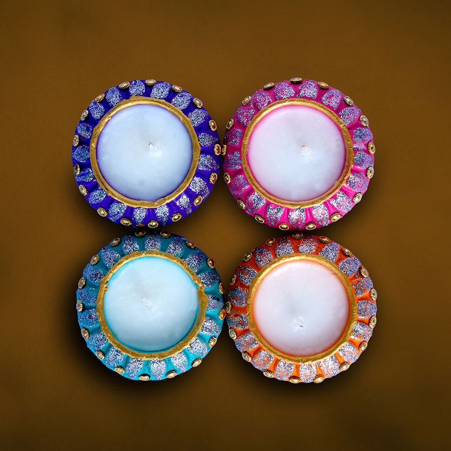 Diwakaram Glitter Matki Diyas | Set of 4 T-Light Matki Diyas with Wax ...